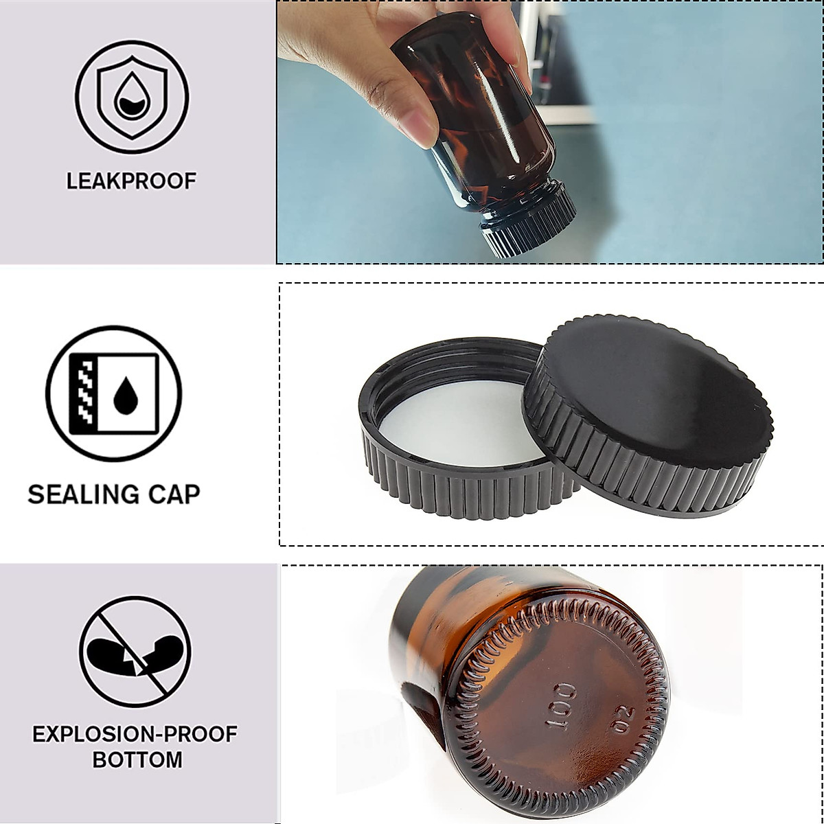 PEKYBIO Wide Mouth Packer Bottle, Amber Glass, 100 ML (3.4 OZ) Capacity with 38-400 Black Polyethylene Screw Cap Lined PE Septa, Package of 24 Units