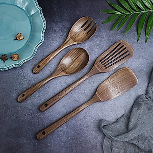Wooden Spoons Spatula for Cooking，Walnut Wooden Kitchen Cooking Utensil Set 4 Pcs Cookware Household Shovel Spoon Fork Cooking Set Handmade Kitchen Tableware