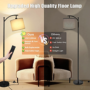 2024 LED Floor Lamps for Living Room, 12W 1200LM Modern Arc Floor Lamp with Remote & Adjustable Linen Lampshade, 12 Color Temperature Stepless Dimmable Tall Standing Lamp for Bedroom Office Reading