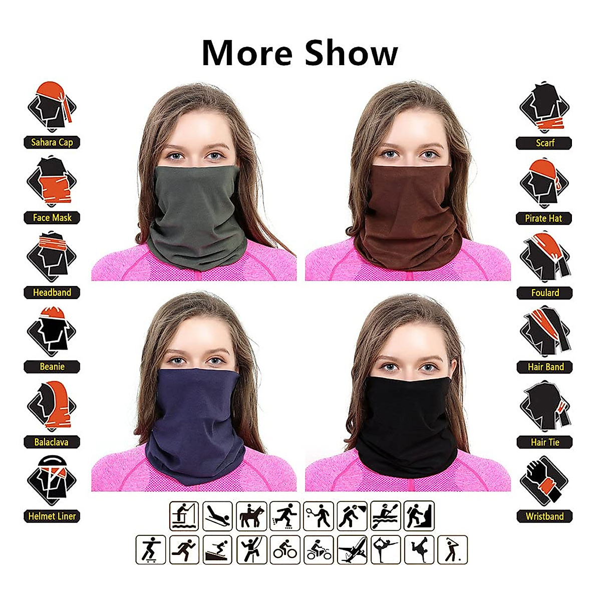 VANCROWN Neck Gaiter Headband Headwear Head Wrap Face Mask Magic Scarf Bandana for Men and Women (6PCS.Solid Color.2)