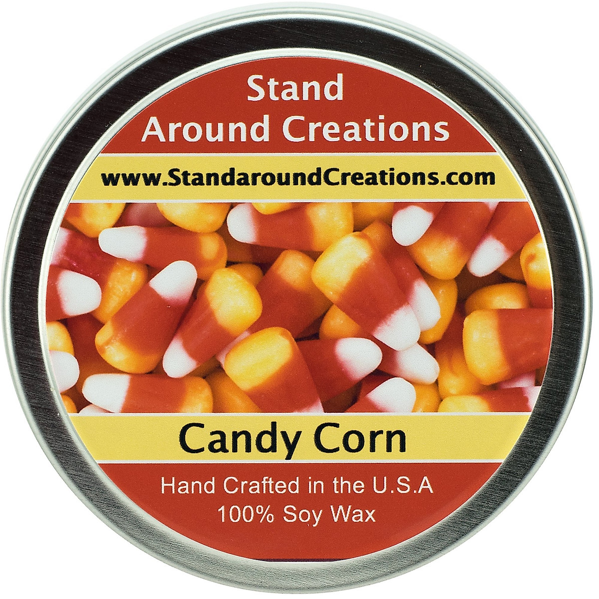 Premium 100% All Natural Soy Wax Aromatherapy Candle - 8oz Tin - Candy Corn: A Warm Vanilla Candy with top Notes of Butter with a Slight Down of Almond.