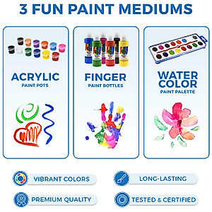 KEFF Kids and Toddler Paint Set - Washable Tempera Finger Painting Set with Non Toxic Watercolor, Acrylic Pots, Sponges & More Art and Crafts Supplies
