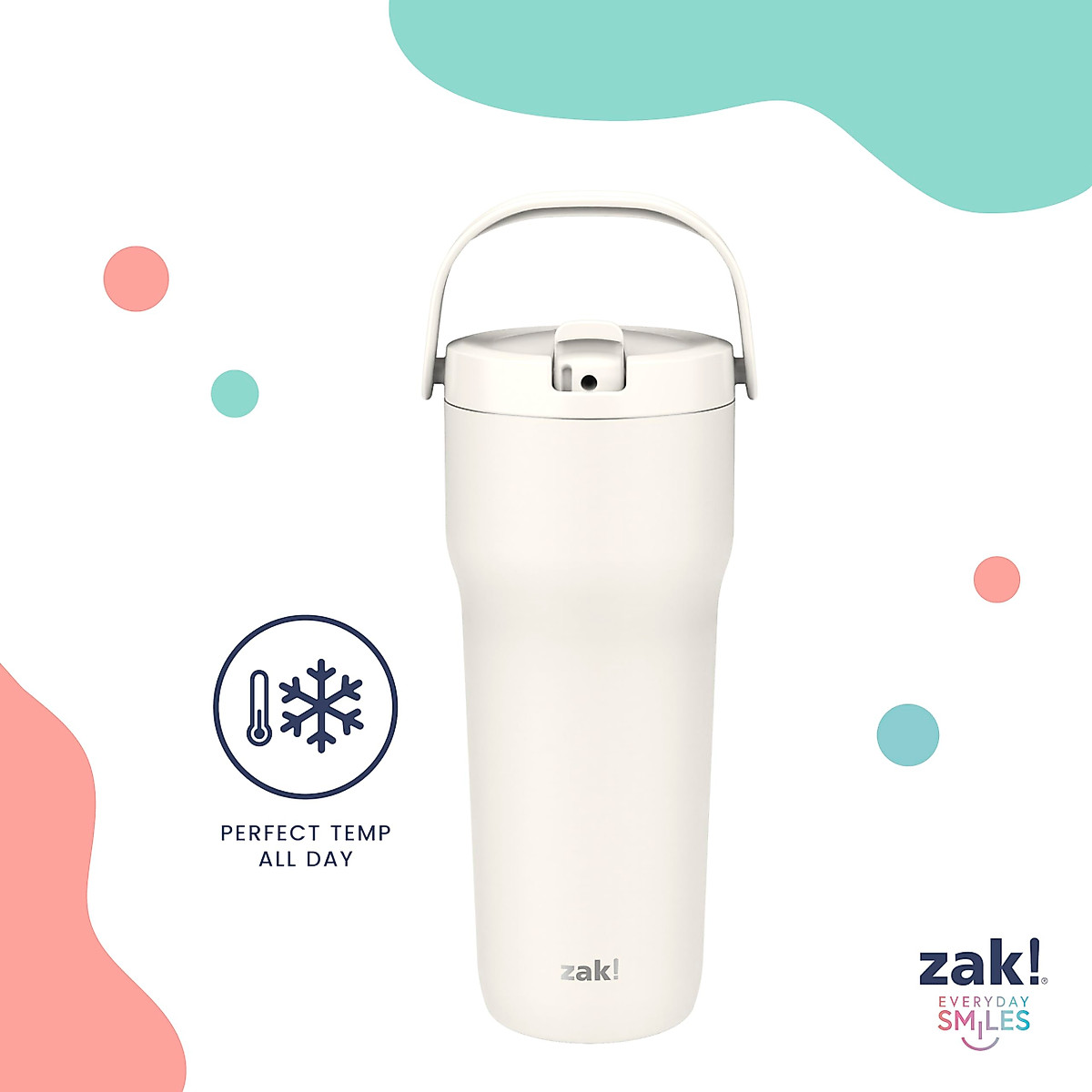 Zak Designs Sutton Travel Tumbler for On the Go, 30oz Stainless Steel with Vacuum Insulation, Straw Spout, Carry Handle for Cold Drinks (Ebony Black)