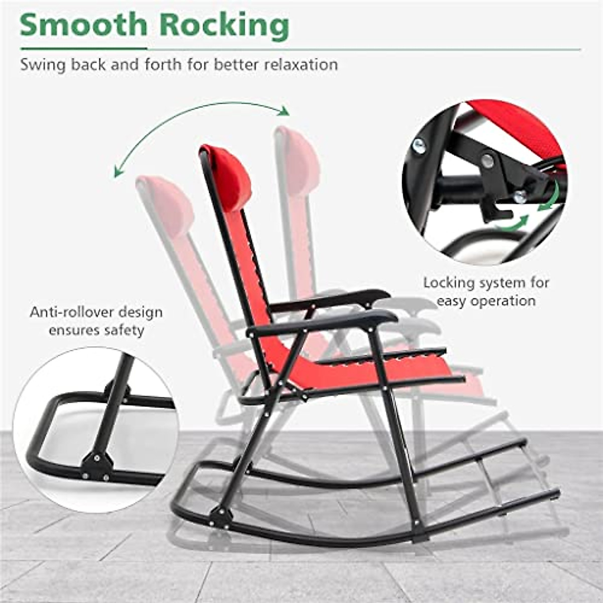 PDGJG Patio Camping Rocking Chair Folding Rocking Chair Footrest Lightweight Outdoor Red