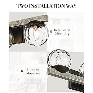 YKLITG Farmhouse Vanity Lights, Rustic Bathroom Lights with Hammered Glass Shade, 3-Light Bathroom Vanity Light with Wood Base for Bathroom, BD019-3-BK