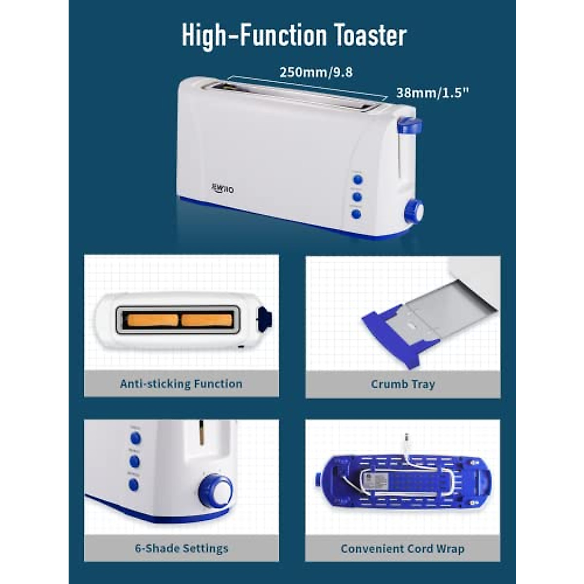 JEWJIO Long Slot White Toaster 2 Slice With Blue Buttom, 1.5” Wide Slot Best Slim 2 Slice Toaster, One Long Slot Toaster with Defrost/Reheat/Cancel/6 Bread Shade Settings/Removable Crumb Tray, Easy to Storage in Kitchen, RV, Sideboard, 1000W