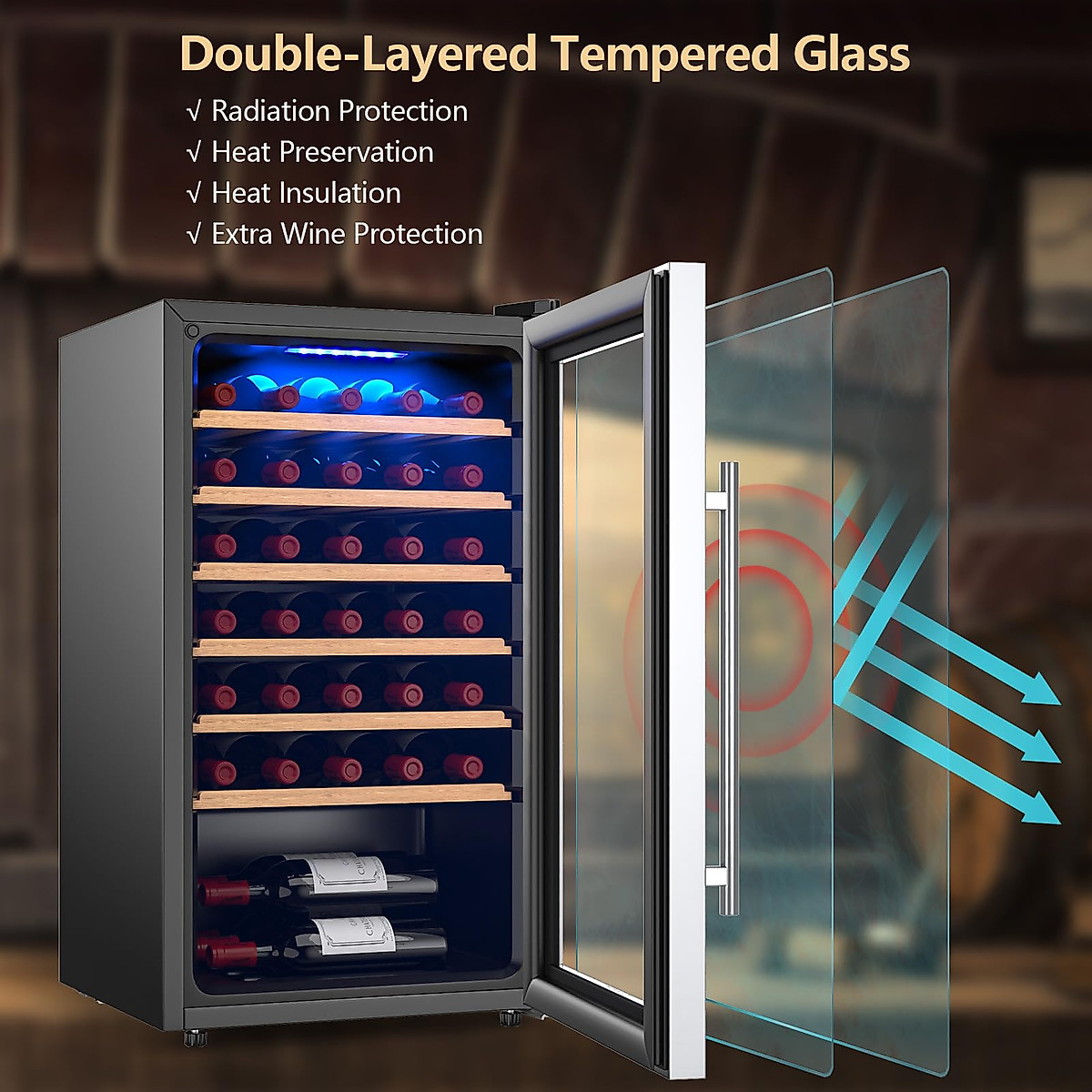 KOTEK 33 Bottle Wine Fridge, Freestanding or Under Counter Wine Cellar w/Wooden Removable Shelves for Red, White & Champagne, 41-64.5°F Digital Temperature Control, Wine Cooler Refrigerator for Home