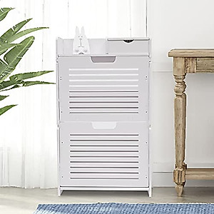 KenSyuInt Shoe Cabinet with 2 Flip Drawers for Entryway, Freestanding Shoe Rack Shoe Organiazer Narrow Shoe Cabinet Shoe Storage Cabinet Tipping Shoe Cabinet, White for Entryway, Bedroom, Hallway