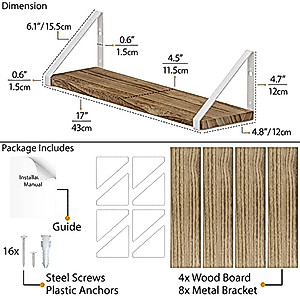 Wallniture Ponza Wood Floating Shelves for Wall Storage Shelves for Living Room Decor, Wall Bookshelves Set of 4 White Shelf Brackets, Burnt Finish