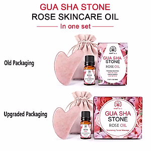 Gua Sha Facial Tools & Rose Gua Sha Oil in One Set, Rose Quartz Jade Stone Facial Skin Care Products to Reduces Puffiness Muscle and Promotes Blood Flow - with Nice Travel Pouch