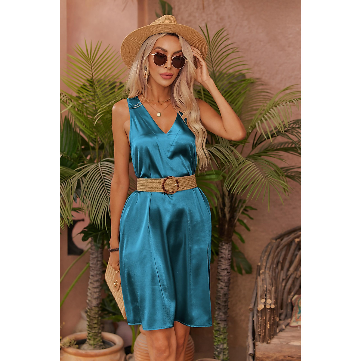 Ekouaer Nightgown Women's Silky V Neck Sleepwear Soft Lingerie Satin Pajama Dress Dark Blue