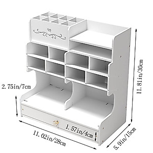 White Pen Organizer with Drawer, DIY Pencil Holder Desk Tidy Caddy Office Stationery Desktop Organizer for Home, Office and School(PB18-1-White)