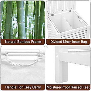 Homykic Bamboo Laundry Hamper, 2-Section 120L with Lid and Removable Liner Bag, Large Raised Laundry Basket Sorter for Clothes, Bathroom, Bedroom, Easy to Assemble, White