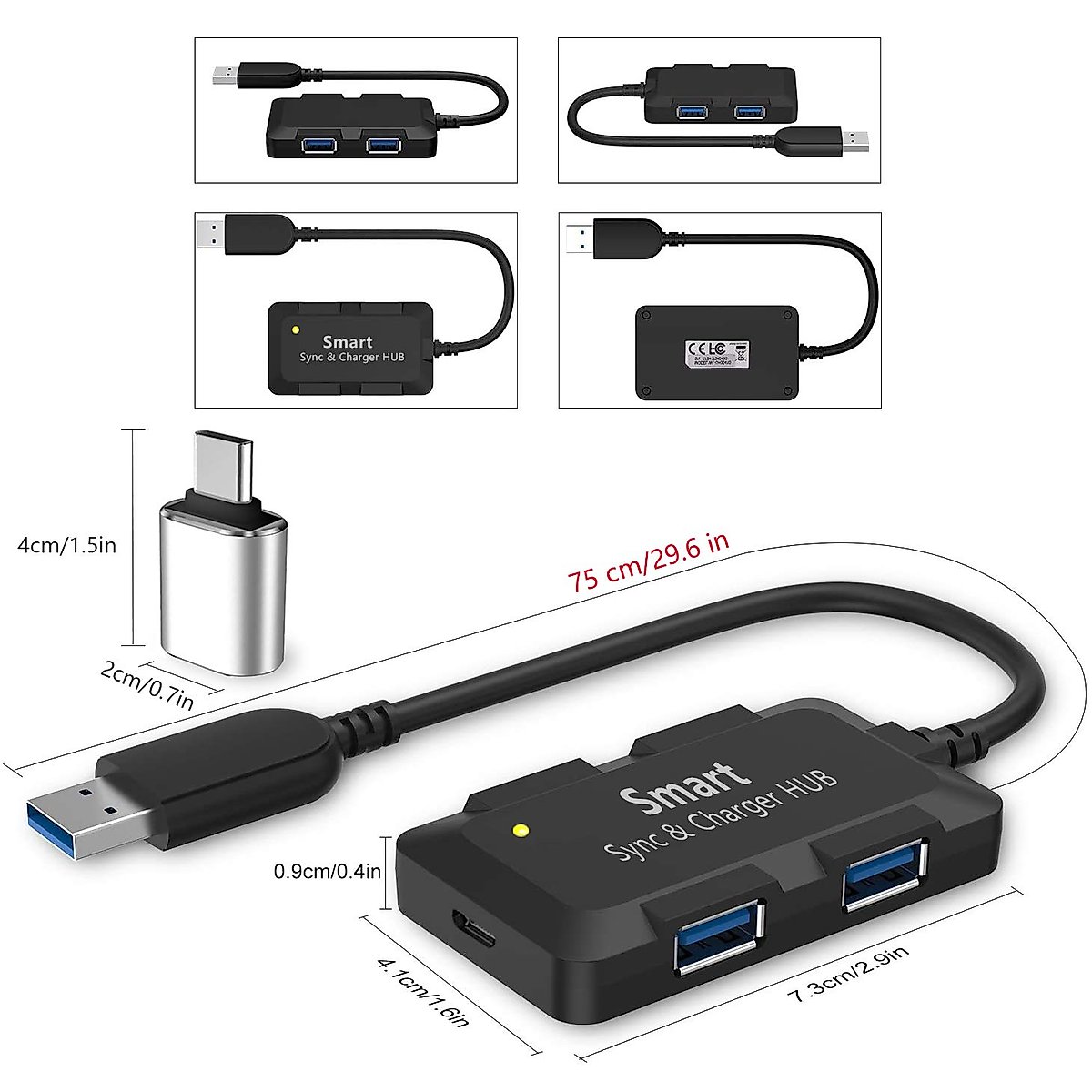 USB 3.0 Hub 4-Port USB C Hub to USB 3.0 Hub Adapter Ultra-Slim Data USB Hub 2.5ft Extended Cable Compatible Laptop, Surface Pro,XPS,PC,Camera,Flash Drive,Mobile HDD,Type C Devices SHARLLEN-(Black)