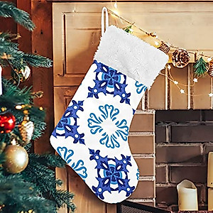 Kigai Christmas Stockings Blue White Ceramic Tile Large Candy Stockings Stuffers Kids Cute Xmas Sock Decorations 2PCS for Home Holiday Party 12" x18"