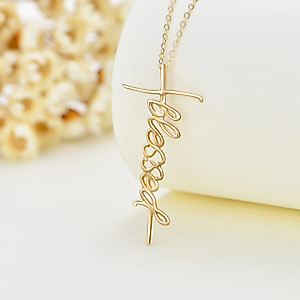 SISGEM Solid 14K Gold Blessed Cross Necklace Hope Believe Pendant Necklace Religious Jewelry for Women Anniversary Birhtday Mother's Day Jewelry Gifts for Mom, Wife, 16+2 Inch
