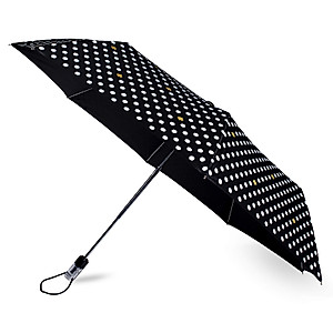Kate Spade New York Black/White Travel Umbrella, Lightweight Compact Umbrella with Storage Sleeve, Polka Dots