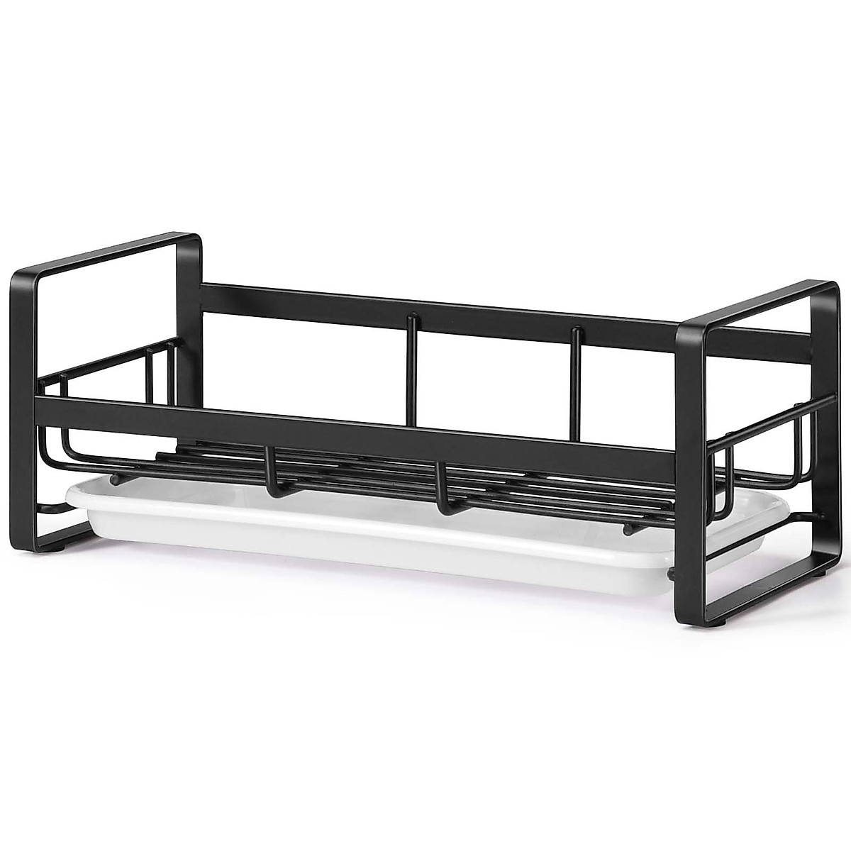 FANGSUN Large Sponge Holder for Kitchen Sink, 304 Stainless Steel Sink Caddy Organizer with Removable Drip Tray, Kitchen Countertop Dish Soap Holder, Not Include Soap Dispenser, Black