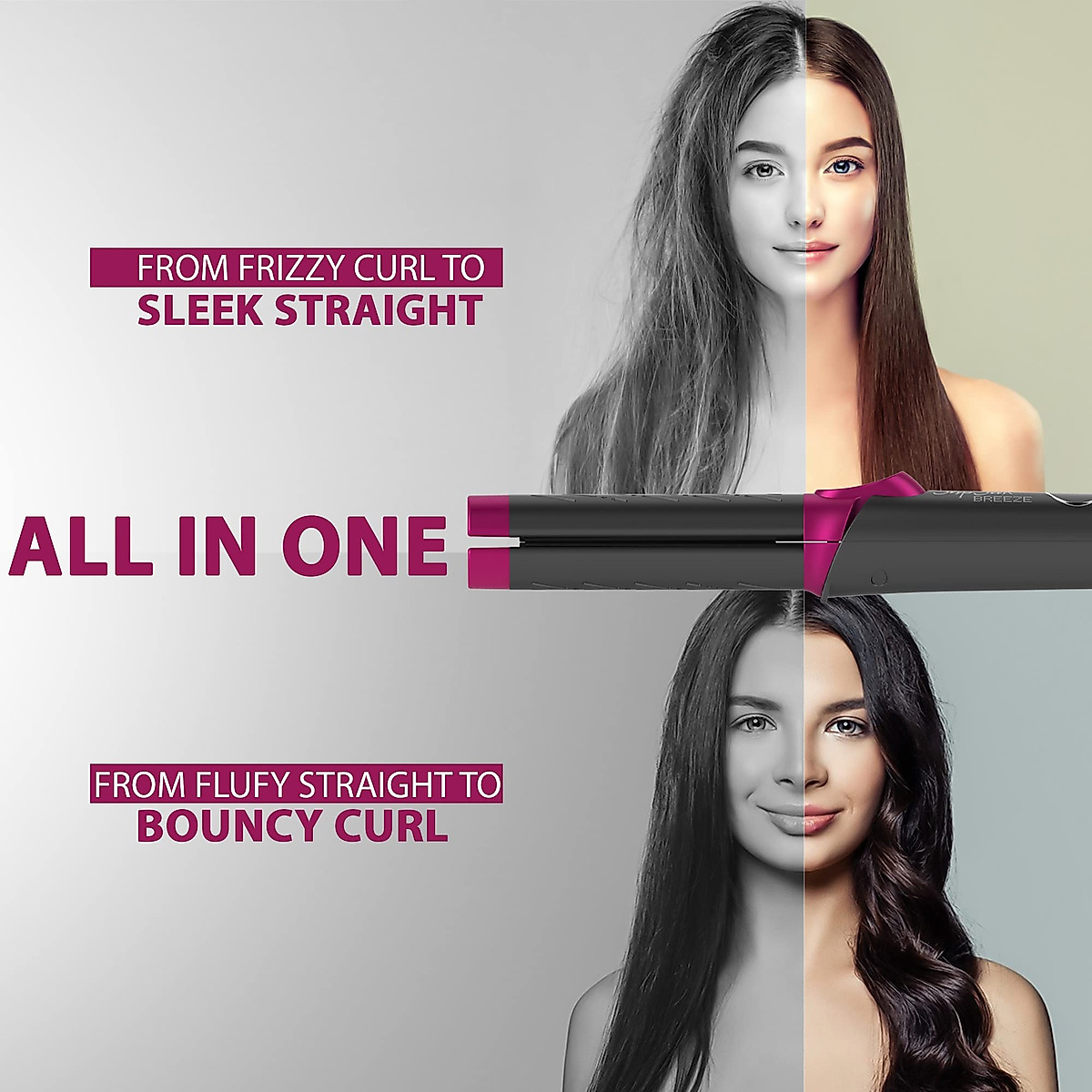 Supsilk Breeze Airflow Hair Styler, 2-in-1 Hair Straightener and Curler, Create No Damage Long Last Bouncy Curls Waves & Smooth Straight, Ceramic Tourmaline Flat Iron Curling Iron with 5 Heat Settings
