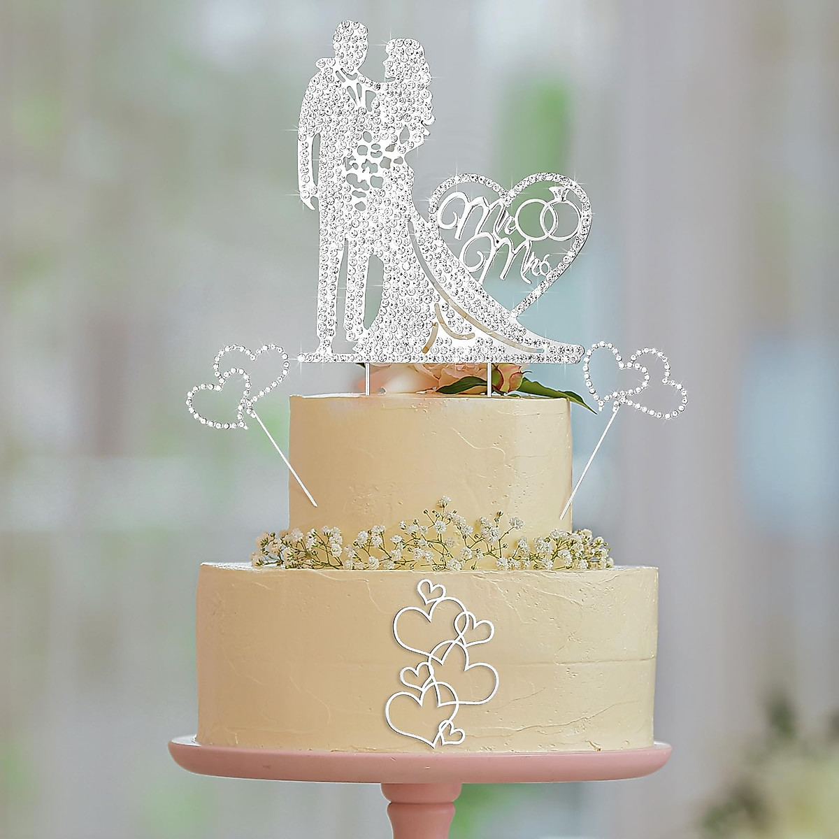 Spiareal 4 Pcs Wedding Cake Topper Mr and Mrs Rhinestone Bride and Groom Love Cake Topper Metal Happy Engagement Anniversary Cake Topper Wedding Party Cake Decor Cake Topper for Bridal Shower(Silver)