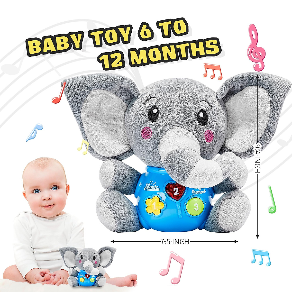 LITTLESMET Baby Musical Elephant Toys 0-6 Months, Newborn Girls Soft Plush Stuffed Animals Infant Toys for 0 1 3 6 9 12 18 Months 1 Year Old Toddlers Boy,Baby Light Up Toy Birthday Shower Gift