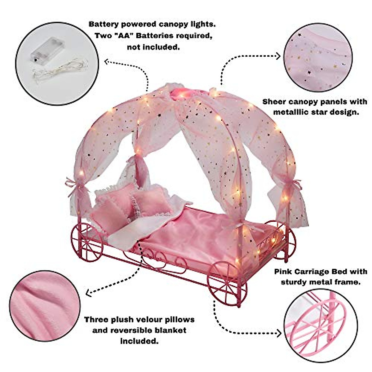 Badger Basket Toy Royal Doll Carriage Bed with Canopy, Bedding, and LED Lights for 18 inch Dolls -Pink/Stars