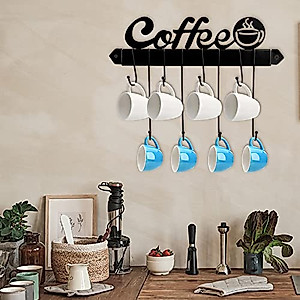 Suwimut Coffee Mug Wall Rack, Coffee Cup Holder Wall Mounted with 8 Adjustable Hooks and Metal Coffee Sign, Decorative Tea Cup Hanger Display for Coffee Bar, Kitchen, Counter, Office