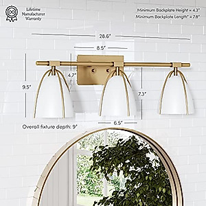 Nathan James Aubrey 3-Lights Farmhouse Wall Light Fixture, Bathroom Vanity Light with Brass Metal Frame and Gold and White Cage Shades for Bathroom and Vanity, Gold Brass/White