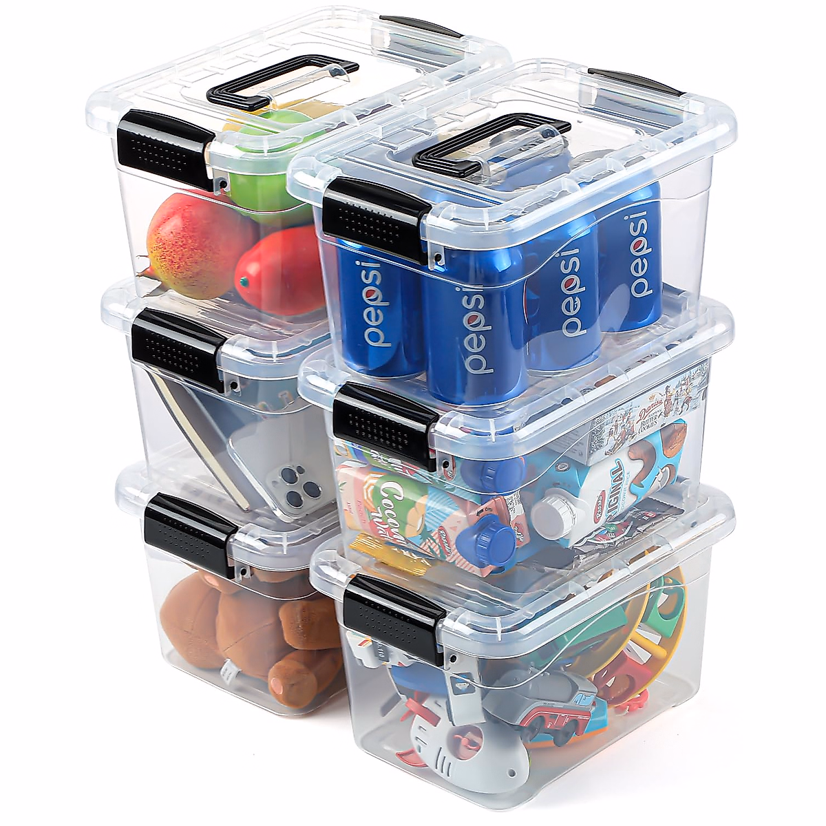 NEATJELAI Plastic Storage Bins with Lids -Storage Organizer Bins with Black Buckle Lids, Stackable Storage Bins with Lids for Home Office Closet Art Supplies Organization,6 Packs, Clear