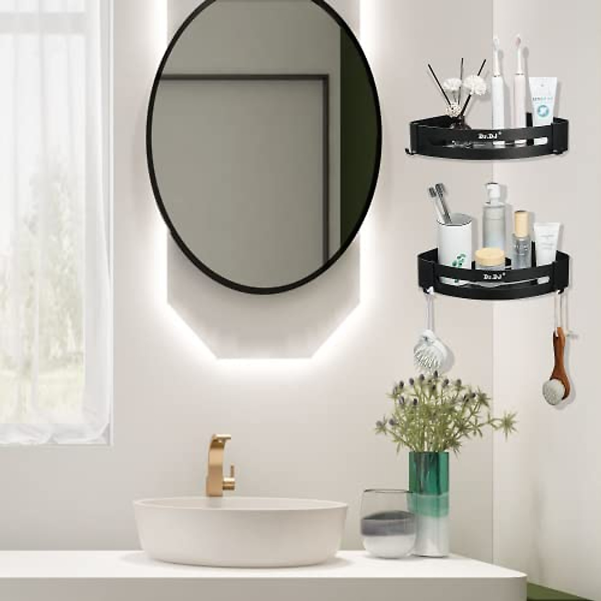 Dr.DJ Matte Black Corner Shower Shelf,Corner Shower Caddy, Adhesive Bathroom Shelf Wall Mounted,No Drilling Shower Shelf for Inside Shower,With 4 Hooks,For Bathroom,Kitchen,Restroom (2 PACK)