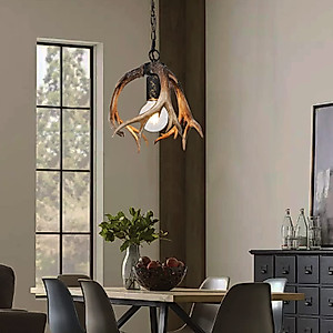 QIANLU Antler Chandeliers Rustic Pendant Light 1Light 10" W for Kitchen Living Room Dining Room Coffee Bar Farmhouse Antler Light Fixture