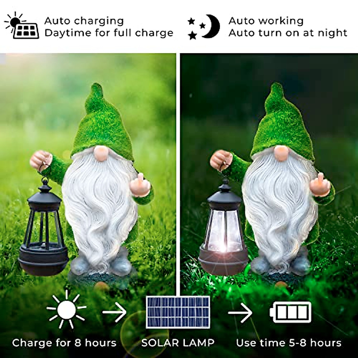 Redwix Garden Gnomes 11.8x7.9 - Gnomes with Solar Lantern - Gnomes Decoration for Home - Spring Gnomes - Middle Finger Gnome - Garden Gnomes Outdoor Funny for Patio and Farmhouse Decor