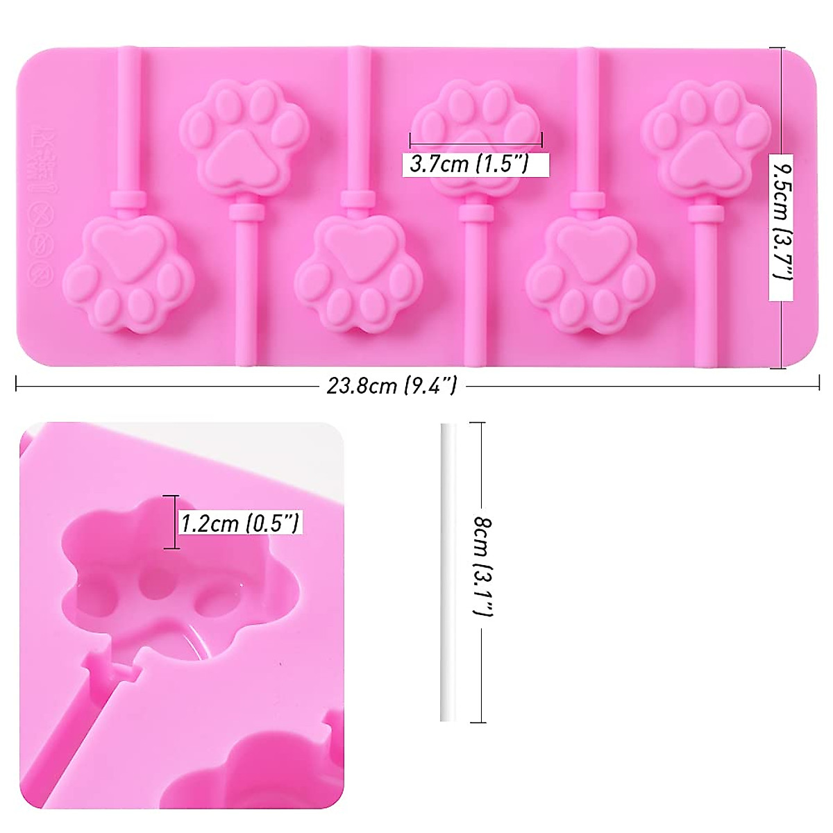 Newk Lollipop Silicone Mold, 4 Packs 6- Cavity Non-Stick Paw Silicone Molds for Lollipop Chocolate Candy