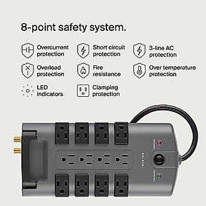 Belkin Surge Protector Power Strip w/ 8 Rotating & 4 Standard Outlets - 8ft Sturdy Extension Cord w/ Flat Pivot Plug for Home, Office, Travel, Desktop & Charging Brick - 4320 Joules of Protection