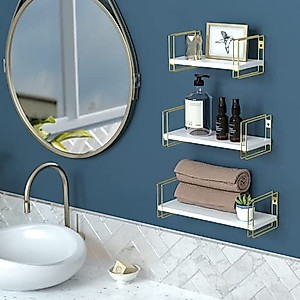 J JACKCUBE DESIGN White Wood Floating Shelves, Set of 3 Wall Mounted Hanging Shelves with Gold Wire Frames for Bedroom. Living Room, Kitchen, Bathroom and Office - MK696C