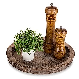 Hanobe Rustic Wooden Serving Tray - Round Wood Butler Decorative Tray Vintage Centerpiece Candle Holder Trays Farmhouse Ottoman Tray for Kitchen Countertop Home Decor for Coffee Table