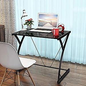 Tangkula Computer Desk Writing Table with Glass Top, Z-Shape Iron Frame Study Writing Desk with Adjustable Feet, Simple Laptop Desk Home Office Desk Computer Workstation