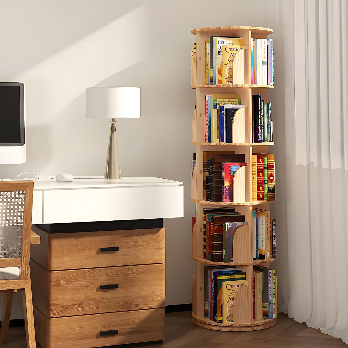 Feuusec Solid Wood Rotating Bookshelf Tower, 5 Tier 360° Display, Stackable Spinning Bookshelf for Kids & Adults, Corner Bookshelf for Small Space, Narrow Book Shelf Organizer