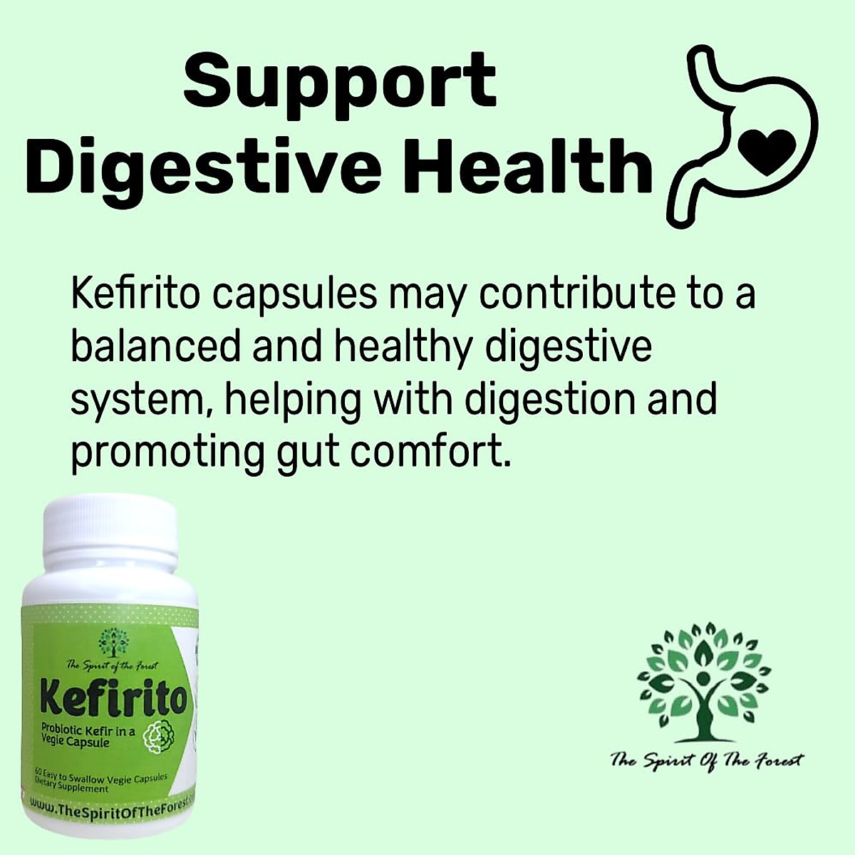 Kefirito 60 Veggie Capsules, 50 Billion CFU, 7 Probiotic Strains Kefiran, 582 mg Natural Active Probiotic, Supports Healthy Digestion, Gluten-Free, Lactosa-Free The Spirit Of The Forest 1 Month Supply