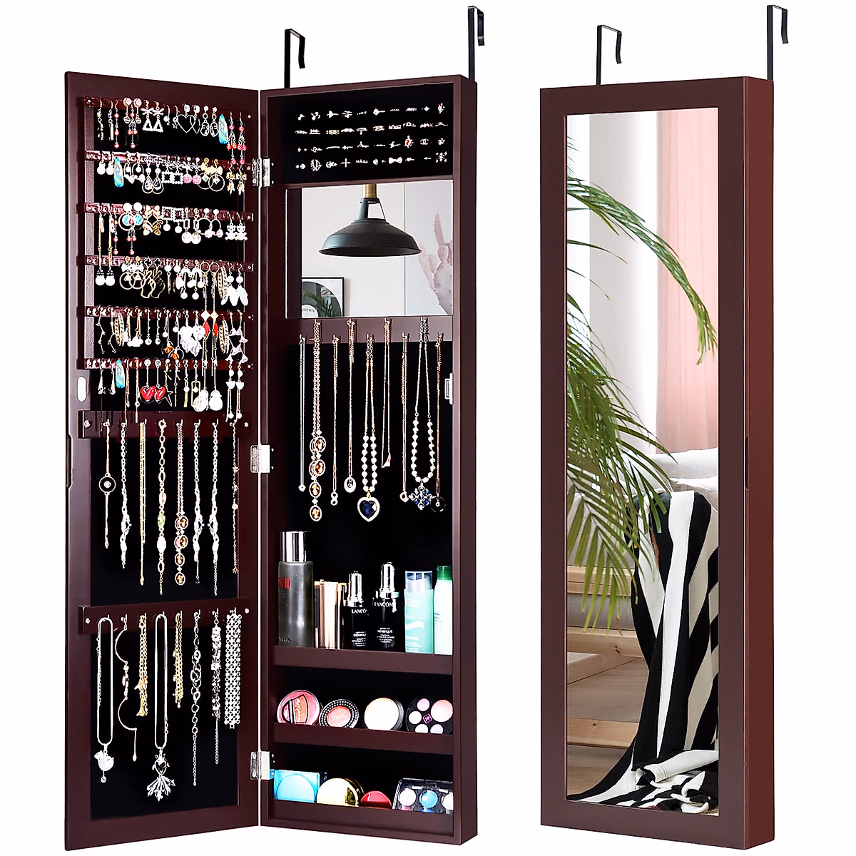 COSTWAY Full Length Mirror Jewelry Cabinet, Wall Door Mounted Jewelry Organizer with Makeup Mirror, Ring Slots and Necklace Hooks, Large Storage Jewelry Armoire for Bedroom, Dressing Room (Brown)