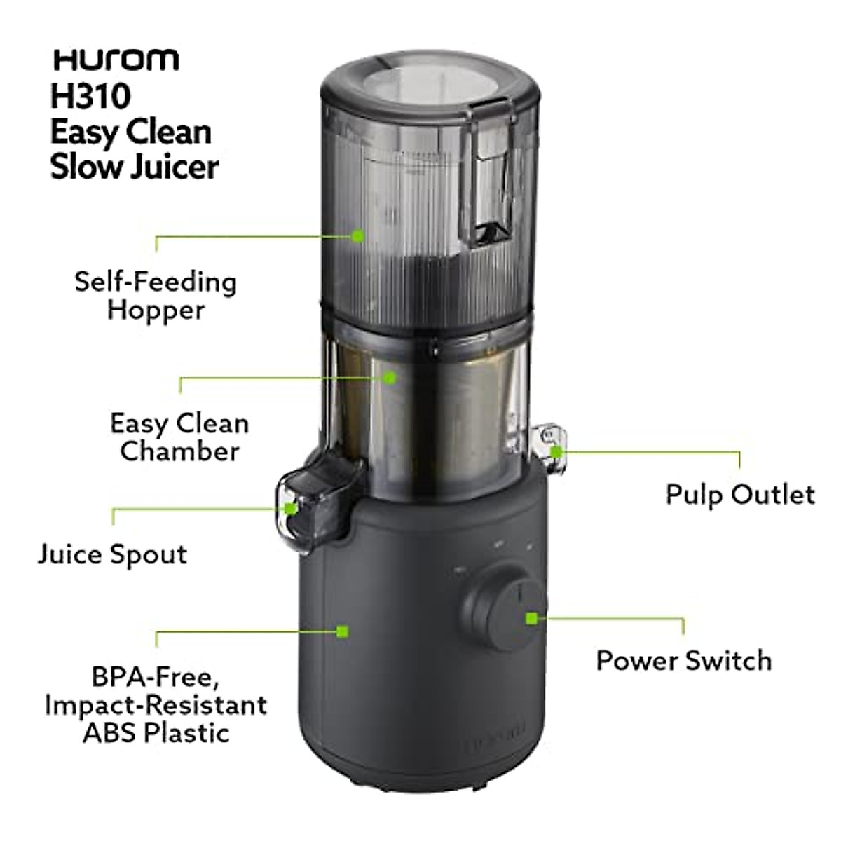 Hurom H310A Renewed Personal, Self Feeding Slow Masticating Juicer - Charcoal Gray | Easy-Clean, Max Yield, Quiet Motor - Hopper Fits Whole Produce - BPA Free