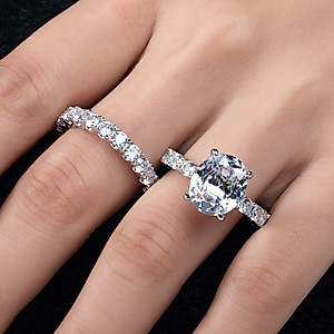 Gobaalele 6ct Cubic Zirconia Wedding Band Set, CZ Engagement Ring Bridal Set Christmas gift for women, 925 Sterling Silver Promise Ring Wedding Ring Size 7.0 (Oval Cut)