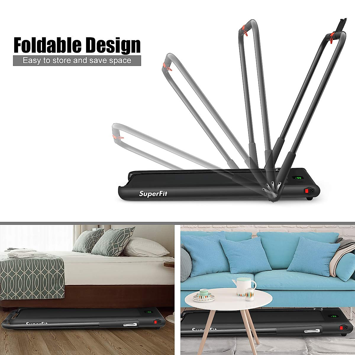 GYMAX Walking Pad, 2 in 1 Free Installation Under Desk Treadmill with Smart App, Remote Control & LED Display, 2.25HP Foldable Portable Compact Running Machine for Small Spaces Home Office (Black)