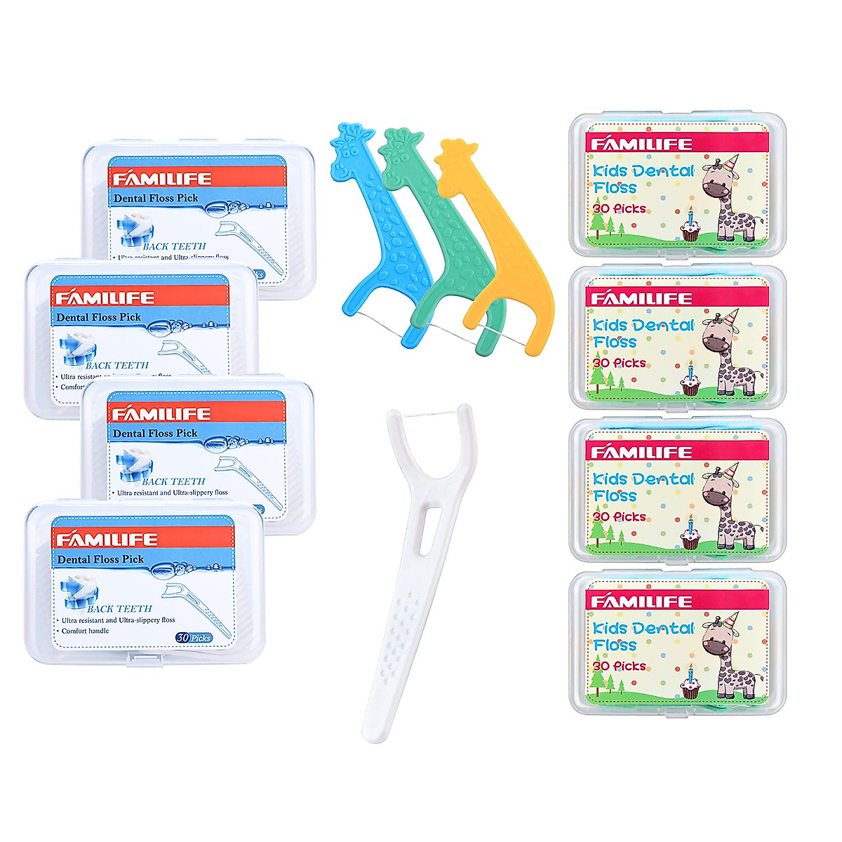 FAMILIFE Kid's Dental Floss Picks Without Fluoride,4 Travel Handy Cases Unflavored Flosser 120 Picks and Back Teeth Toothpicks Flossing Flossers Threaders Sticks with 4 Travel Handy Cases 120 Count