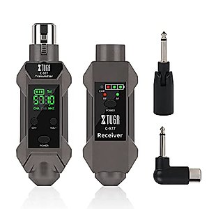 XTUGA C-977 UHF Wireless XLR Transmitter and Receiver& Wireless Guitar Transmitter Receiver,Rechargeable Mic Adapter 16 Channels 164ft Range for Dynamic Microphone,Audio Mixer,Electric Guitar Bass