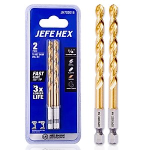 JEFE HEX 1/4" HSS Twist Titanium Drill Bits, Hex Shank for Quick Change, 135 Degree Easy Cut Split Point Drill Bit for Steel, Copper, Aluminum, Zinc Alloy, Wood, and Plastics (Pack of 2).