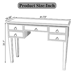 Henf Mirrored Makeup Vanity Table Desk,Mirrored Console Table, 5 Drawers Media Console Table for Women Home Office Writing Desk Smooth Finish