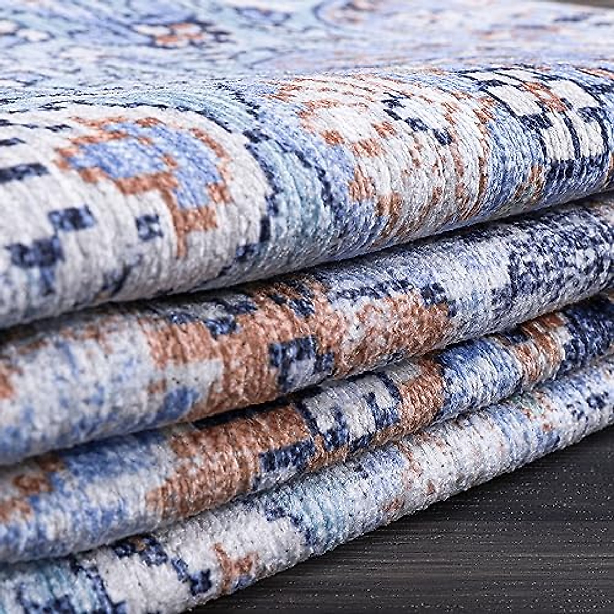 CAMILSON Printed Area Rugs with Ultra Thin Super Strong for Living Room Bedroom, Vintage Rug 8x10, Stain and Water Resistant, Traditional Bohemian Indoor Carpet (8 x 10, Blue)