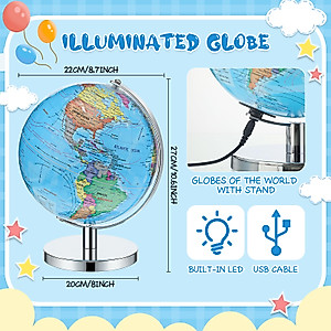 2 Pcs 8.7'' Illuminated World Globe with Stand, World Globe for Kids Learning with Build in Led Night Light, Educational Interactive Globe Lamp Light up Geographic Globes for Home Desk Classroom