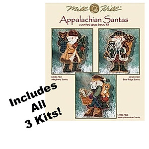 Mill Hill Appalachian Santa Set (2007) Set of 3 Beaded Cross Stitch Kits Including Allegheny, Blue Ridge and Smoky Mountain Santas, Plus Decorative 'Needleworker' Sticker